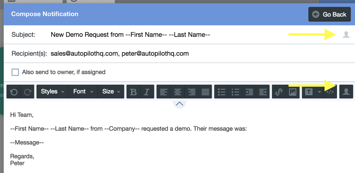 Autopilot: Action - Send Internal Notification - Ortto help